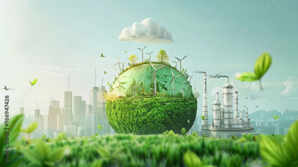 An eco-friendly 3D planet animation where greenery and renewable energy ...
