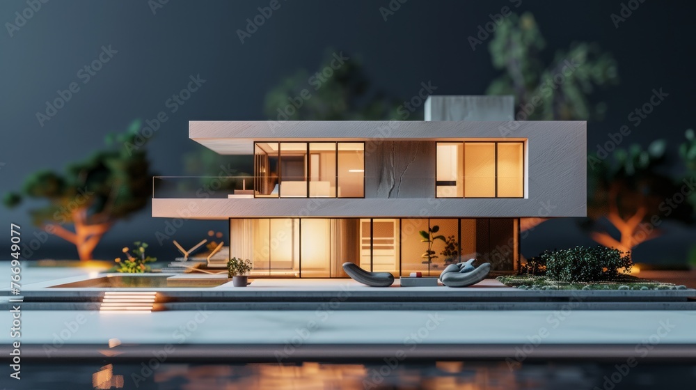 This 3D architectural mock-up presents a modern house design with ...