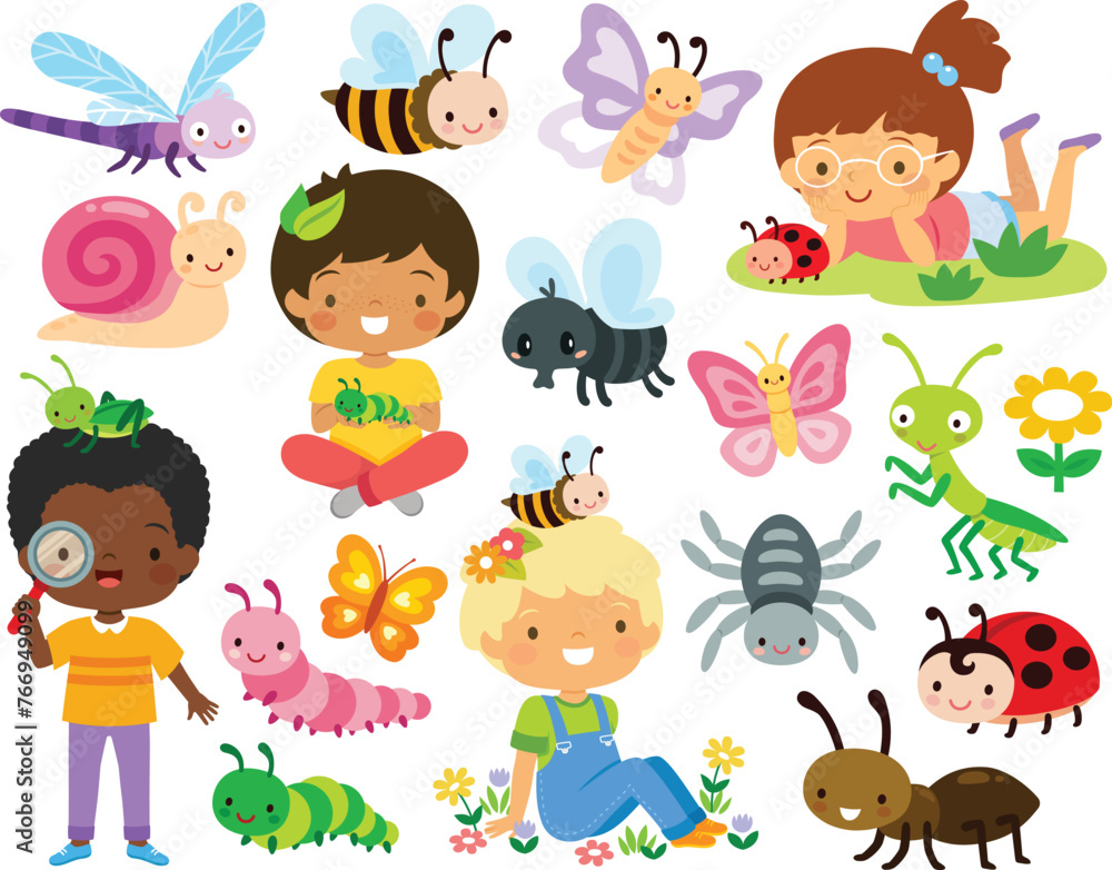Bugs clipart set. Cute cartoon insects and kids exploring nature. Stock ...