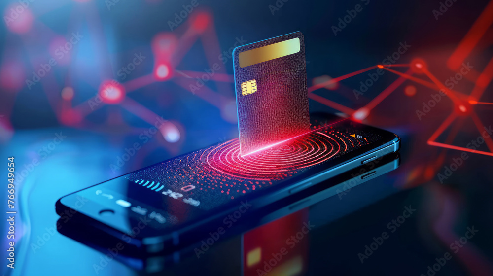 A 3D animation of a secure smartphone transaction with a digital ...