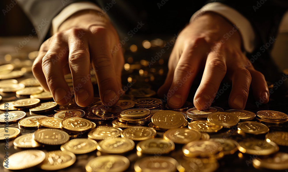 Two hands are reaching for a pile of gold coins. The coins are ...