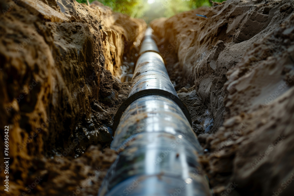 Perspective of a large pipeline installation within an earthen trench ...