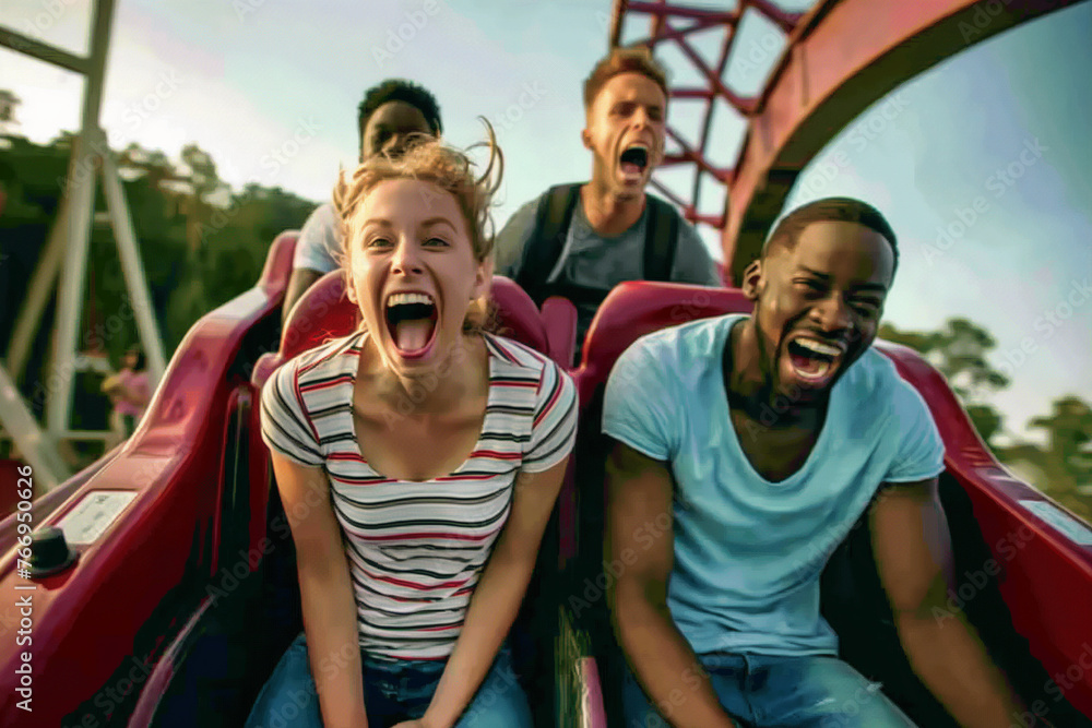 people riding down a roller coaster. Thrilled and scared look in their faces.Having fun concept ...