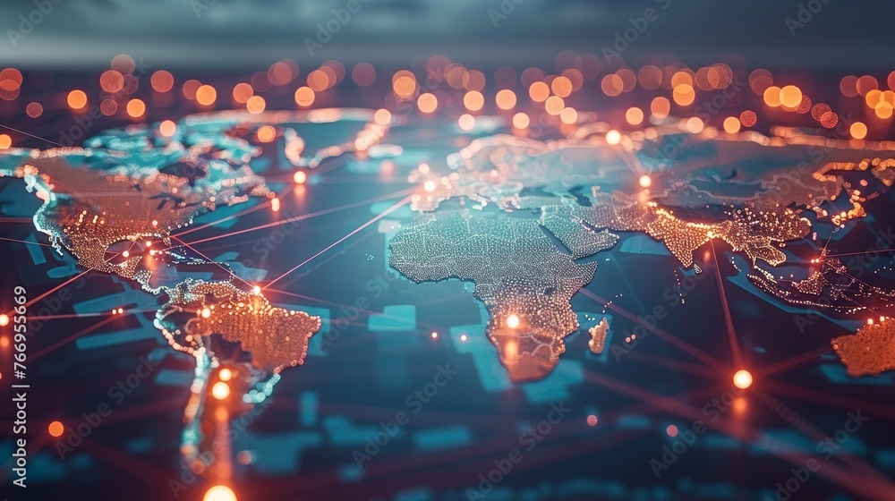 Global trade map highlighted with interconnected world business routes ...