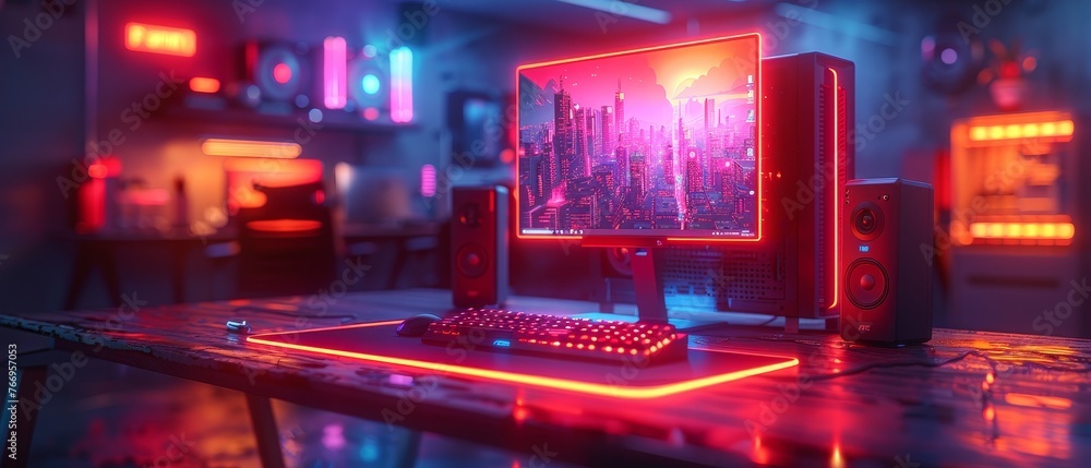 Game PC computer glowing in the dark. Isometric illustration of a ...