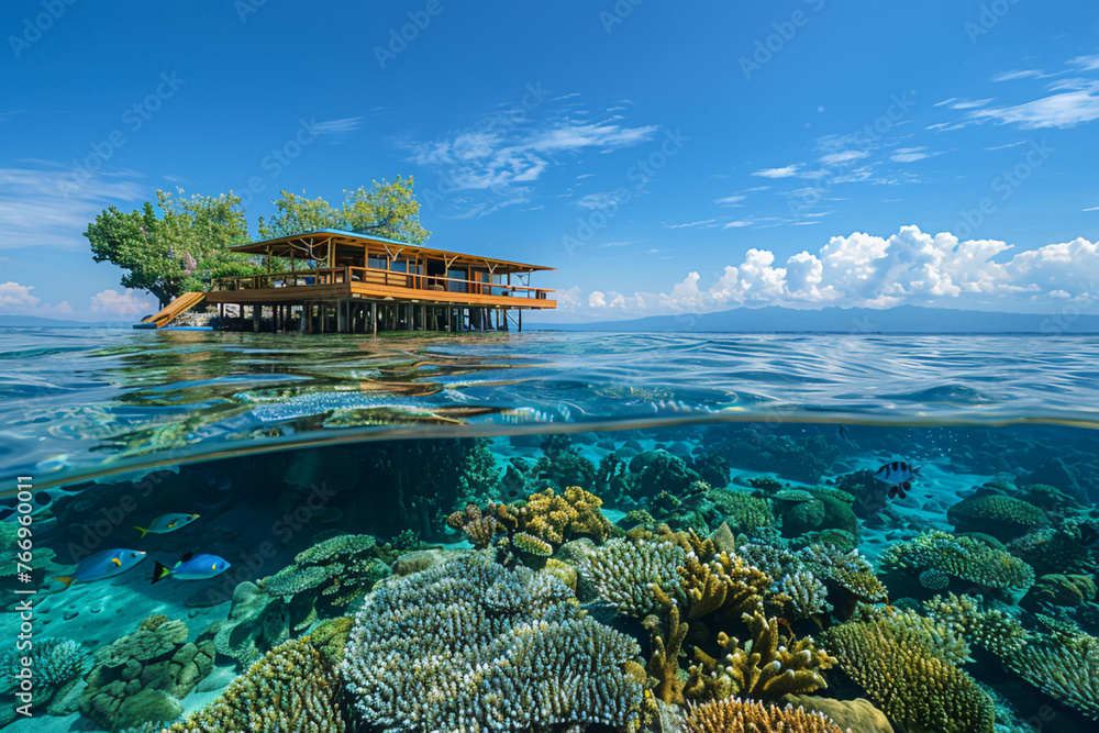 A floating platform anchored in the middle of a tranquil lagoon ...