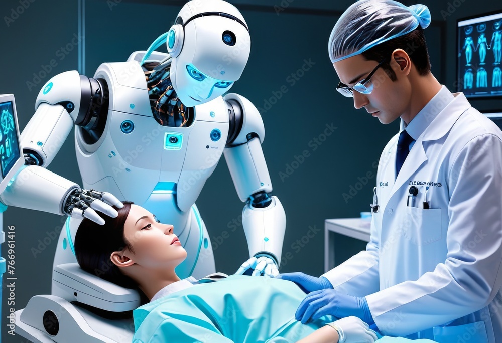 A futuristic robot assists a human doctor during a surgical procedure ...