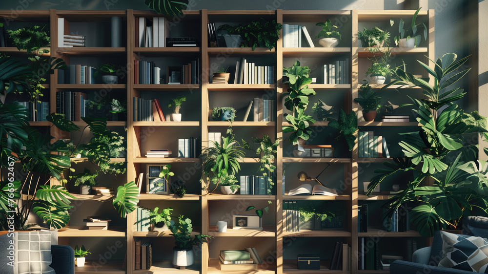 a contemporary style bookshelf adorned with plants that serves as a ...