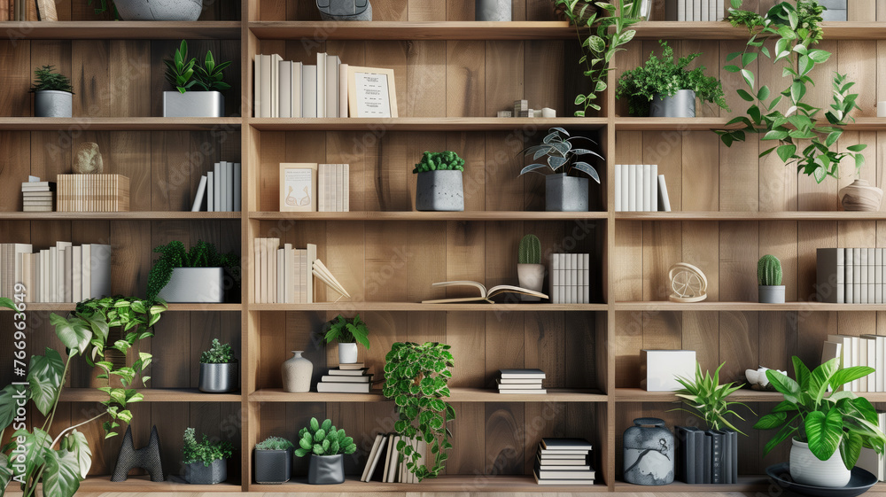 a contemporary style bookshelf adorned with plants that serves as a ...
