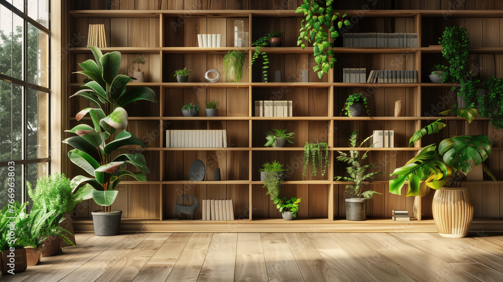 a contemporary style bookshelf adorned with plants that serves as a ...