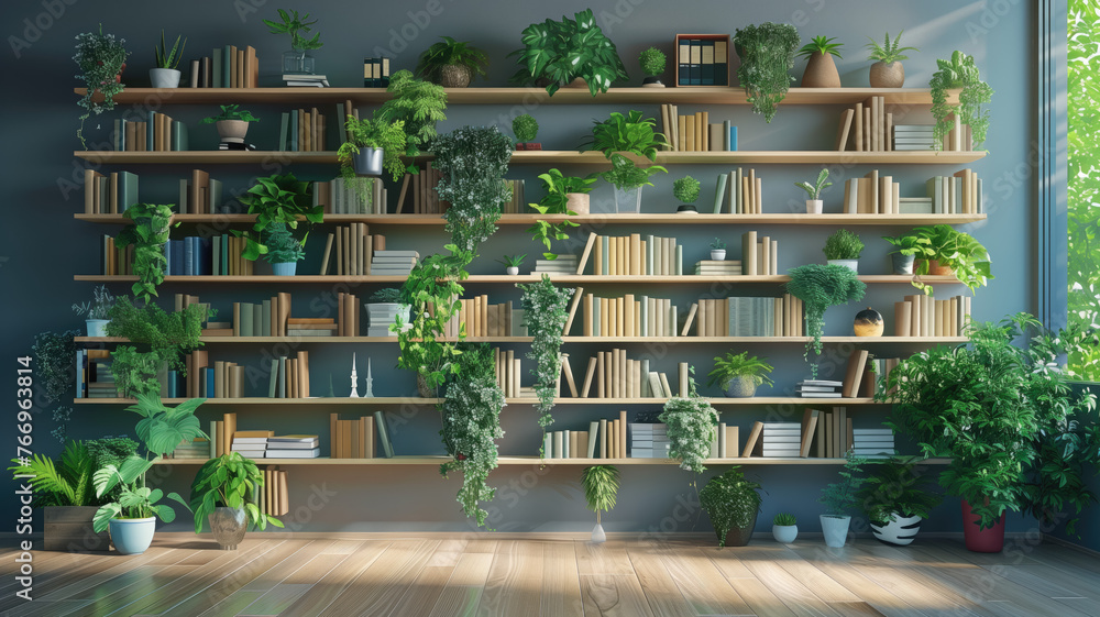 a contemporary style bookshelf adorned with plants that serves as a ...