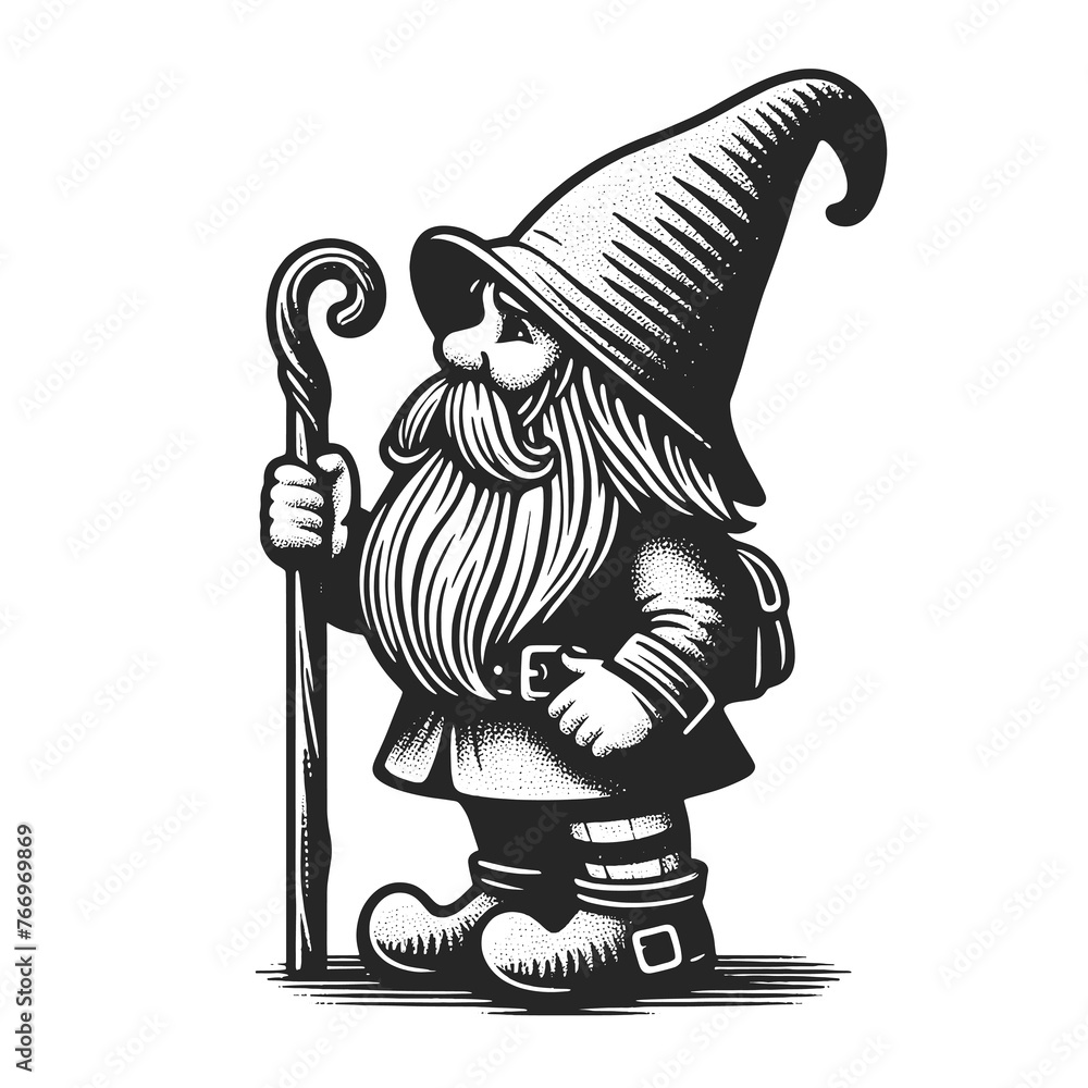 cheerful garden gnome with a tall hat and a long, bushy beard sketch ...