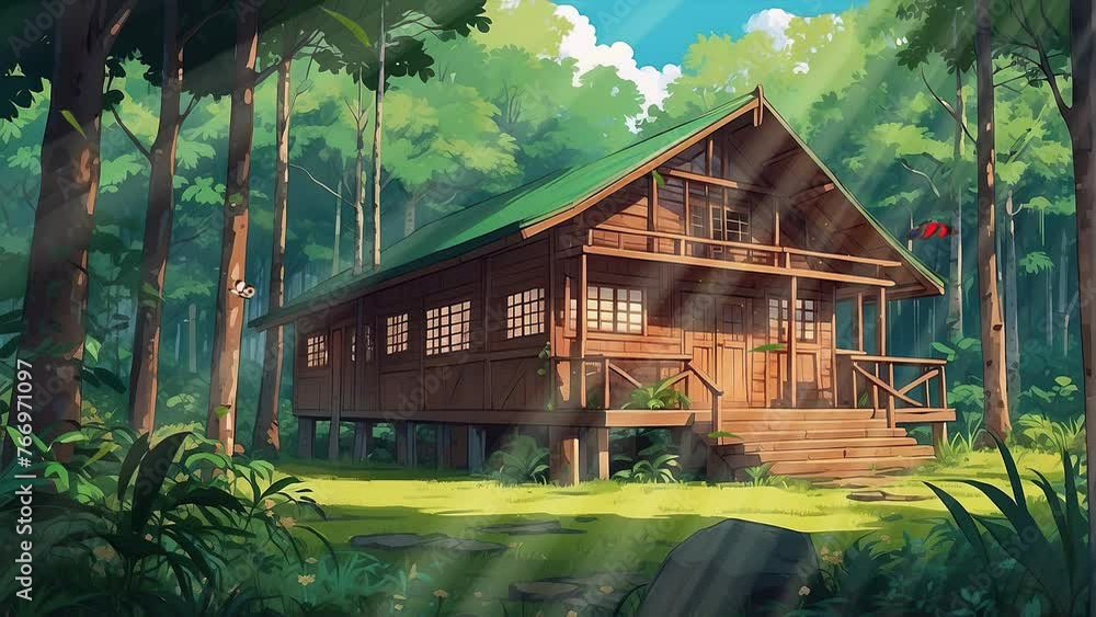 Experience the enchanting atmosphere of an anime-inspired wooden cabin ...