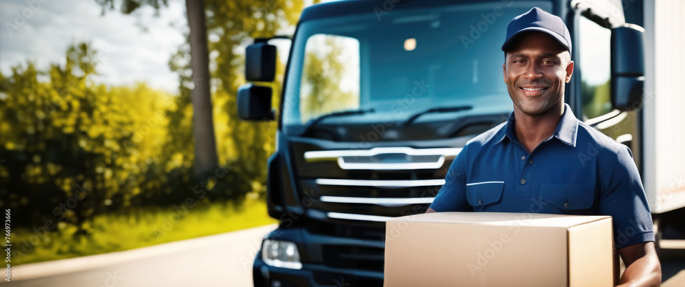 Banner with dark-skinned driver holding delivery box on truck ...