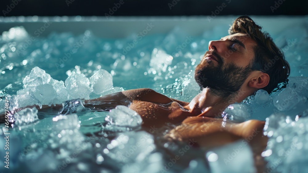 Cold therapy concept. Man bathing in cold water among ice cubes. Boost ...