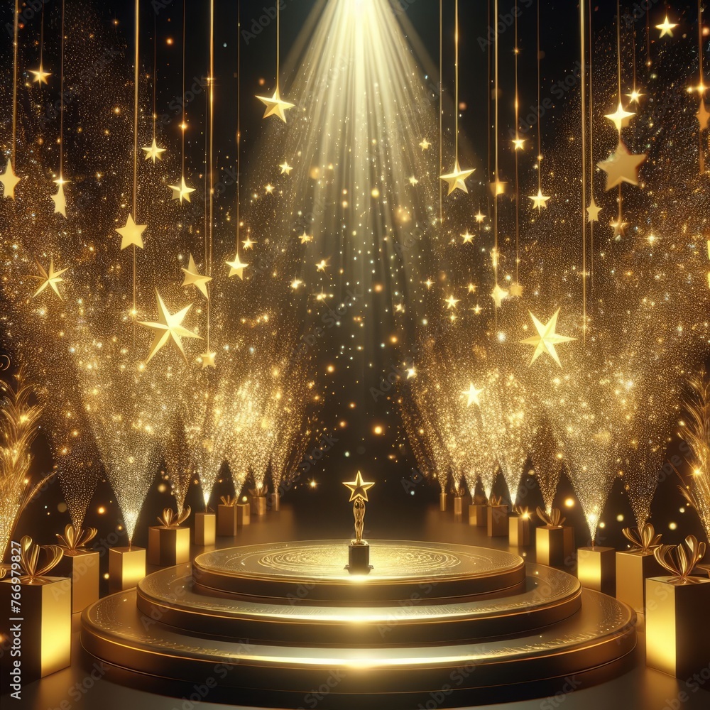 A grand award ceremony stage dazzles under a star-studded sky, set to ...