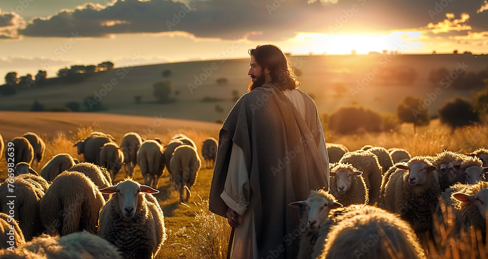 Jesus Christ the shepherd leading sheep Stock Photo | Adobe Stock