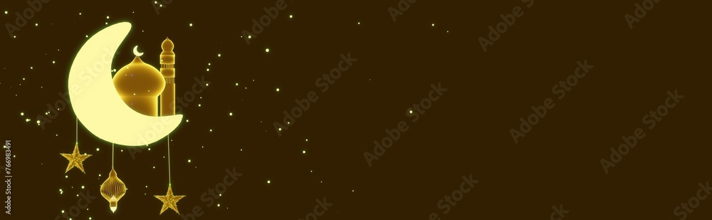Islamic banner with crescent moon, mosque, hanging golden stars and ...