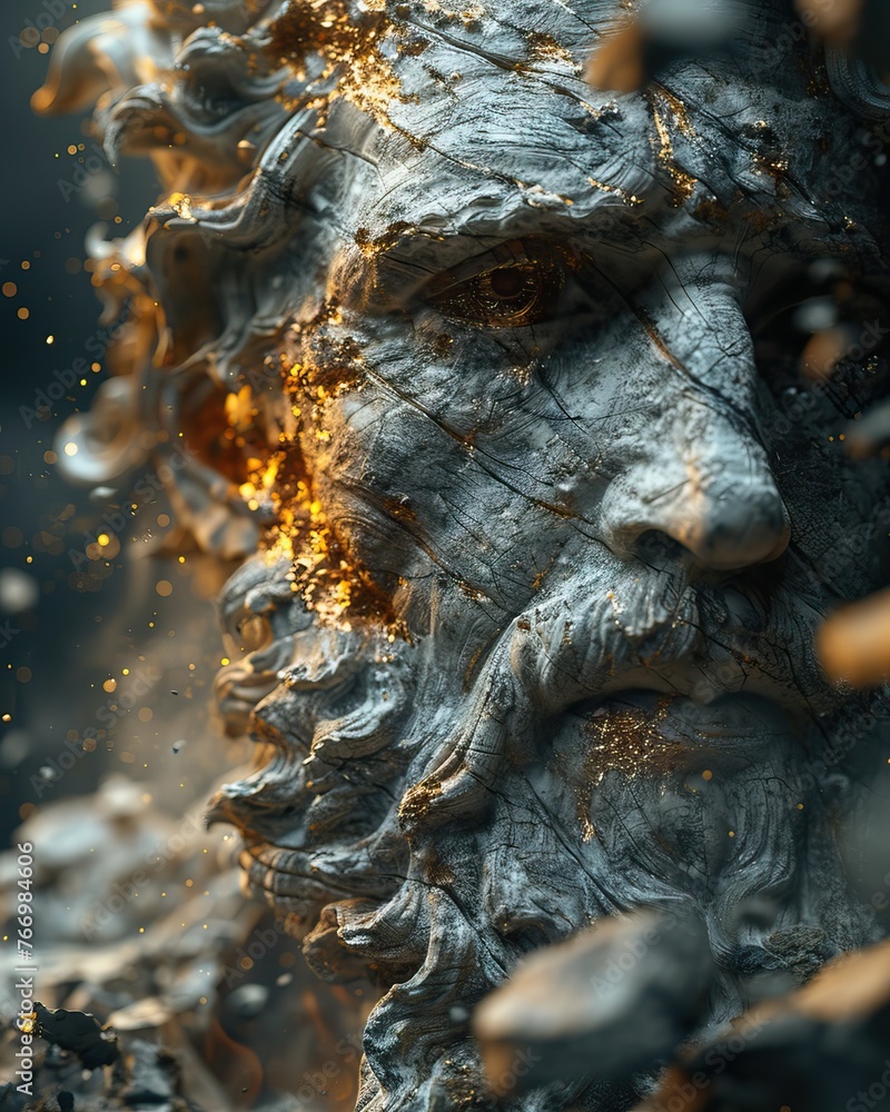 a stone statue portrait of a god like men, the statues face is a bit ...