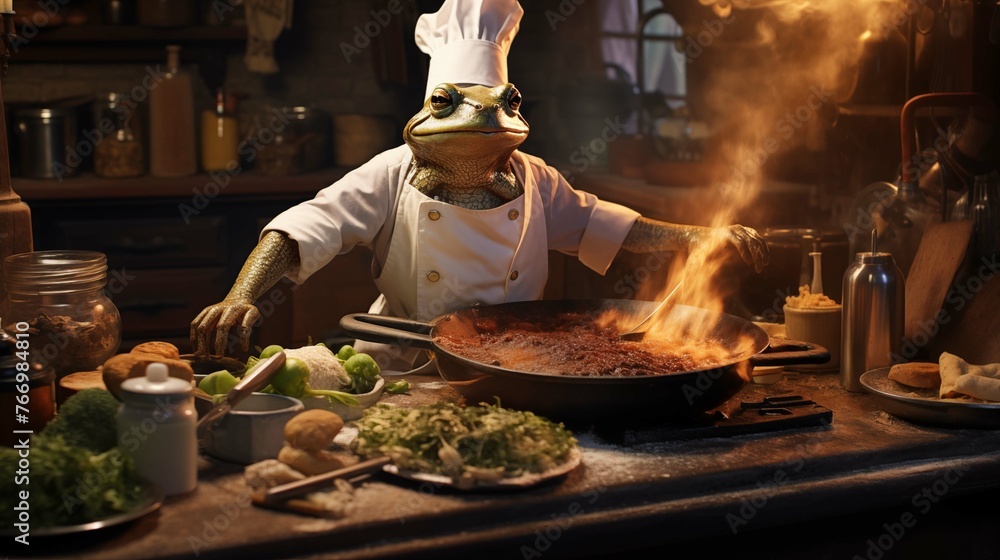 Toad chef flambeing dish with flair in kitchen ai generated character ...