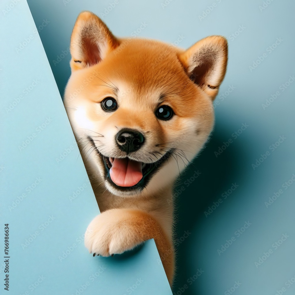 A cheerful Shiba Inu peeks out from behind a blue backdrop, its bright ...
