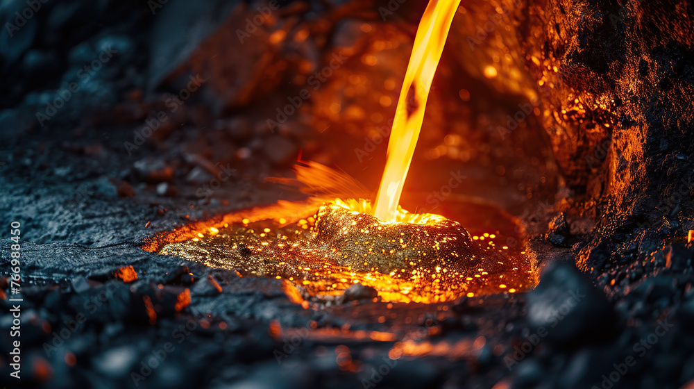 A stream of molten metal is pouring out of a hole in the ground ...