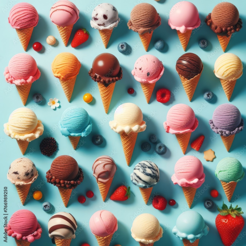 A delightful panorama of ice cream cones lines up on a cool blue ...