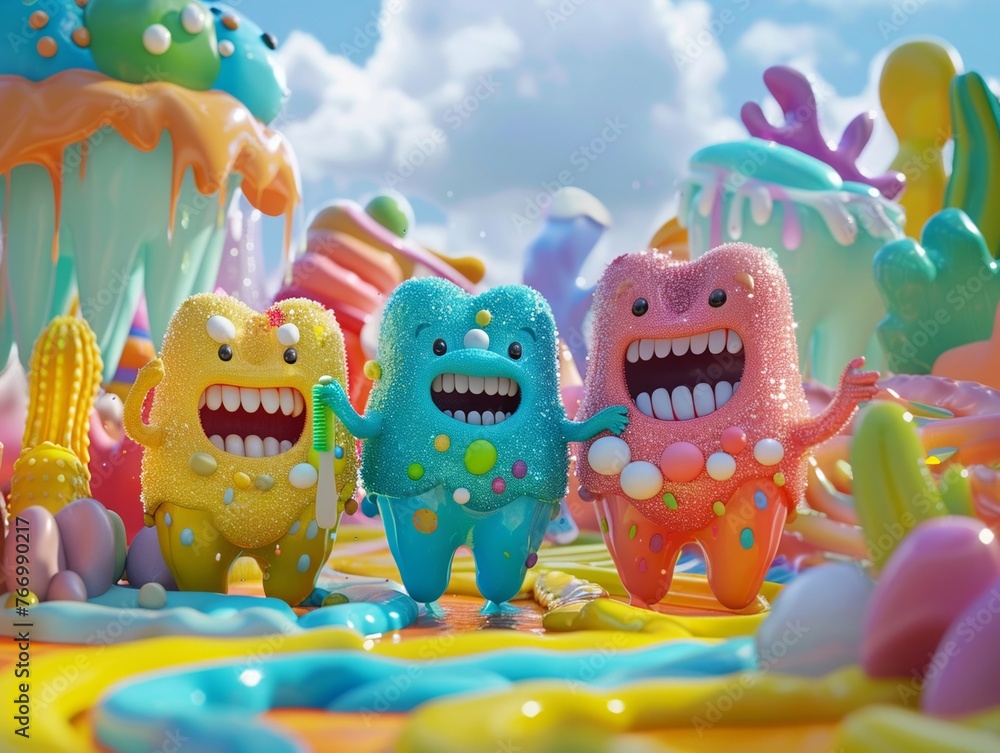 Create a 3D animation of friendly bacteria characters exploring a giant ...