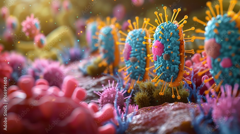 Create a 3D model of good bacteria characters holding shields ...