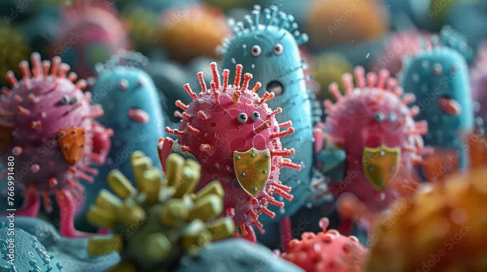 Create a 3D model of good bacteria characters holding shields ...