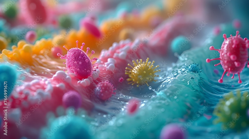 Create a 3D model showing a close-up of bacteria characters lounging in ...