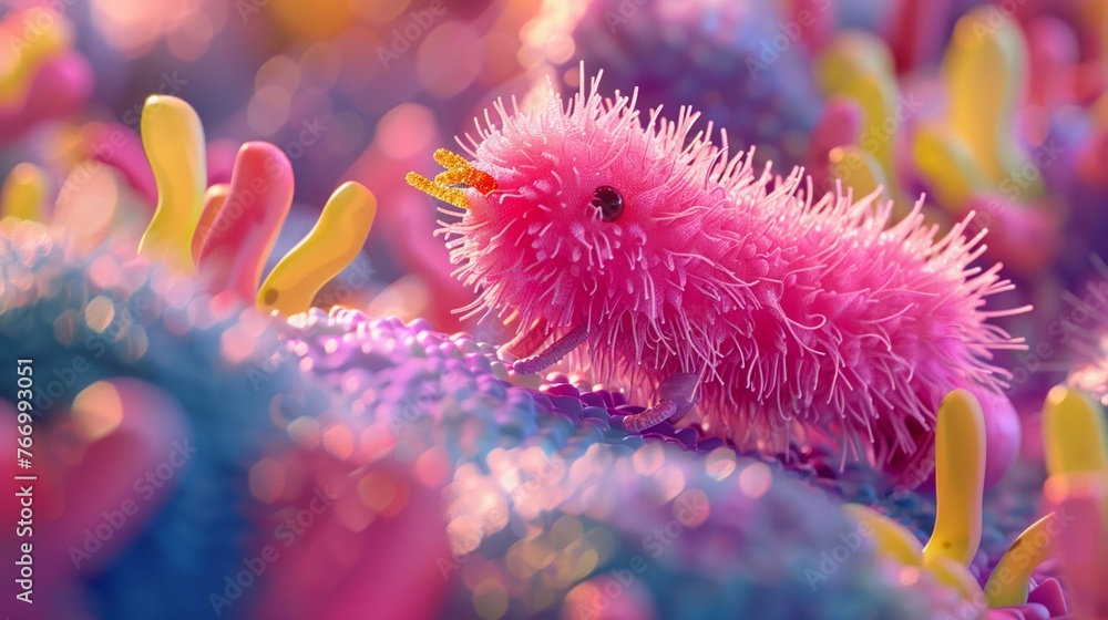 Design a 3D close-up of a bacteria character gently applying a tiny ...