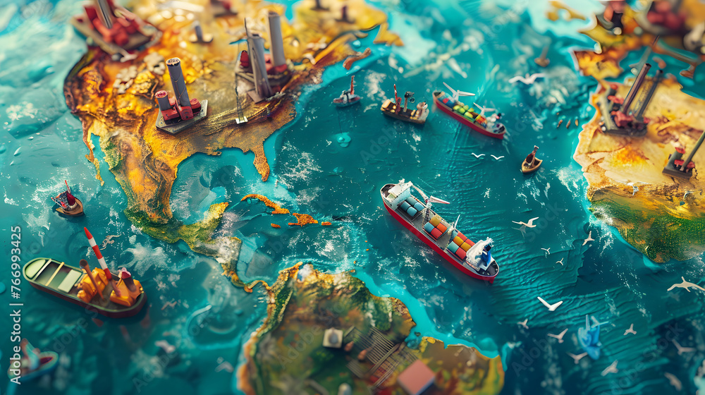 Flat world map with illustrations of oil pumps scattered across ...
