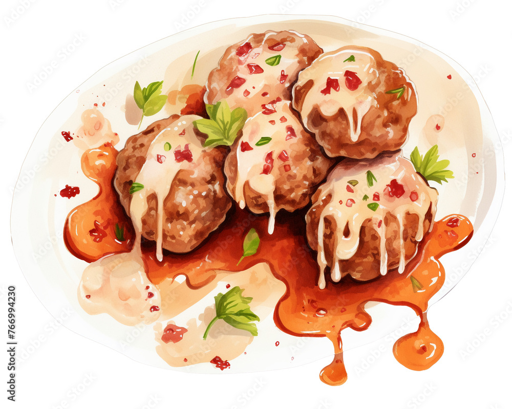 Swedish Meatballs, single object , food, watercolor illustration ...