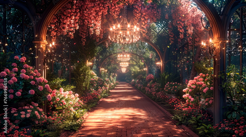 Opulent Garden Party backdrop with a mix of blooming flowers, lush ...