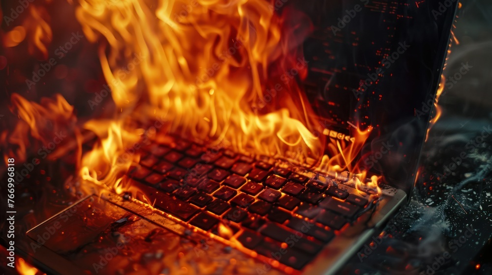 Burning laptop and keyboard, equipment fire due to faulty battery and ...