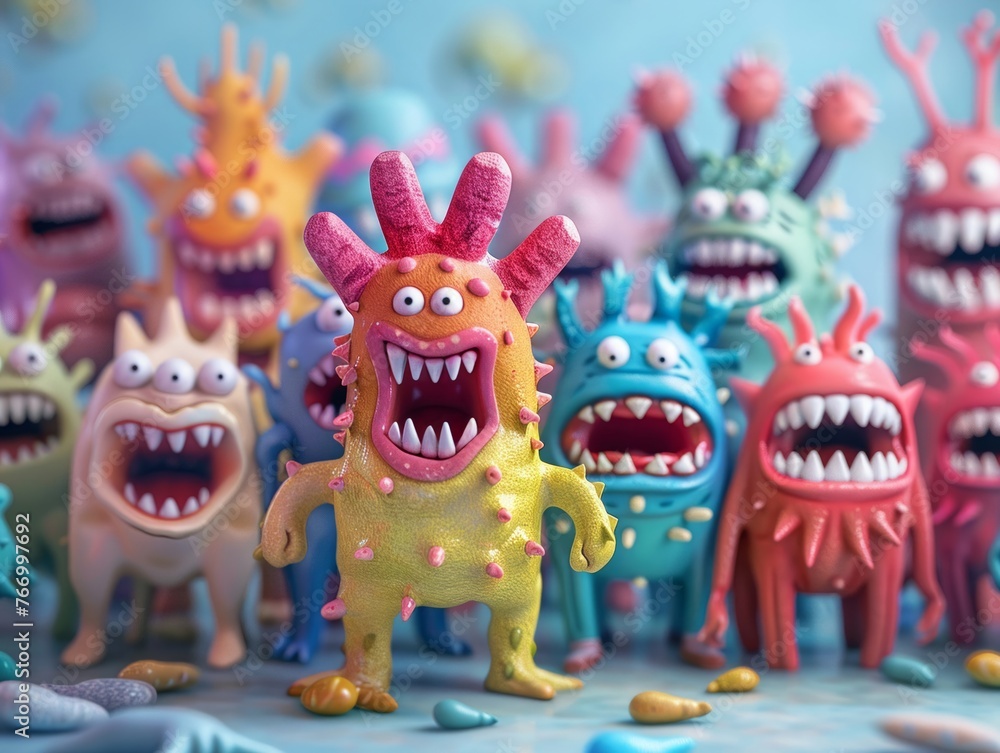 Illustrate a 3D representation of bacteria characters forming alliances ...