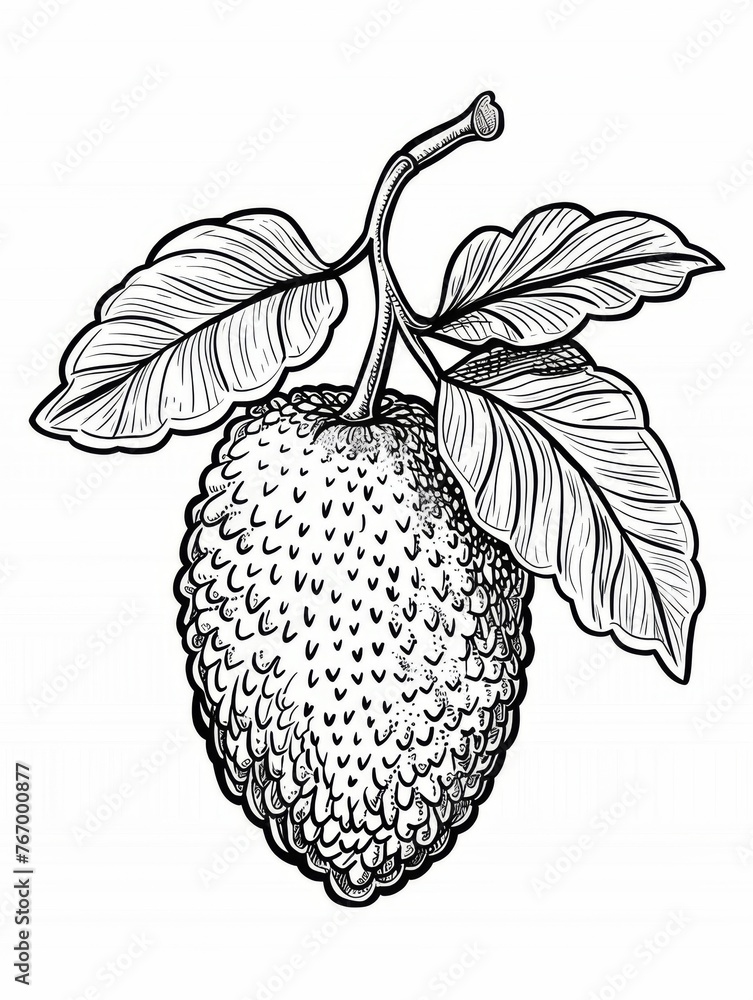 Detailed black-and-white line drawing of a soursop fruit with bumpy ...
