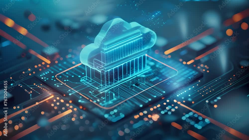A futuristic 3D animation visualizing cloud computing technology merging with banking ...