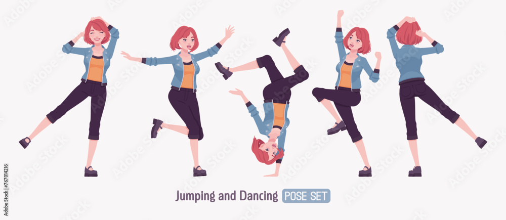 Attractive young woman dance, jump upside down pose. Red choppy bob ...
