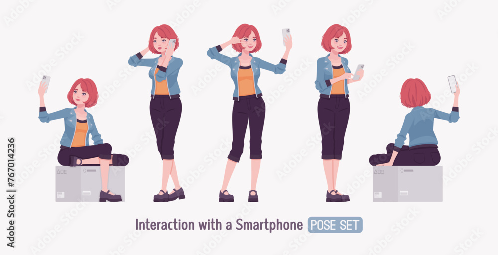 Attractive young woman smartphone user, selfie taking. Adult red choppy ...