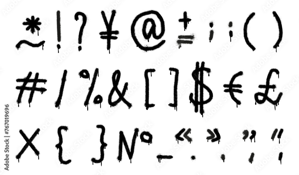Realistic graffiti spray typeface with special and punctuation marks ...
