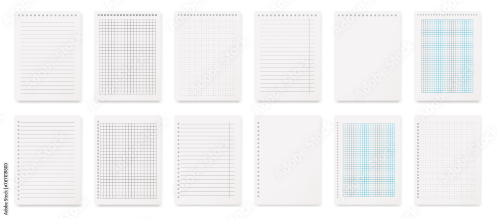 Planner or notebook pages with lines and chequered grid for writing. Vector isolated realistic ...