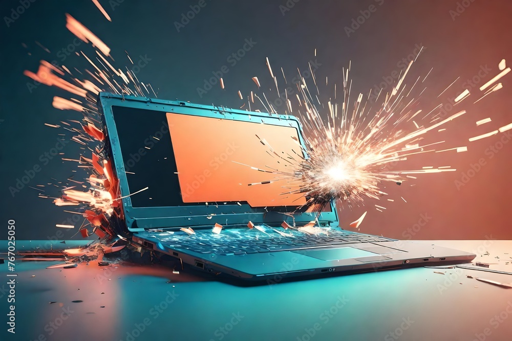 Broken computer front view on flat colored background. Exploding laptop ...