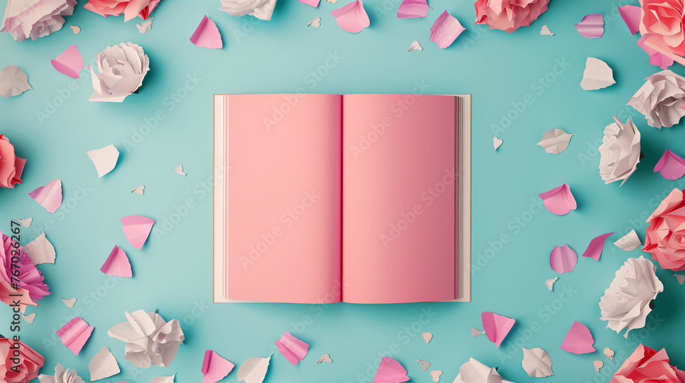 Frame design for book festival. An open pink notebook with red and ...