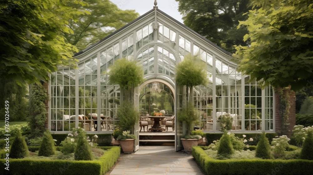 Charming English countryside estate greenhouse with curved glass ...