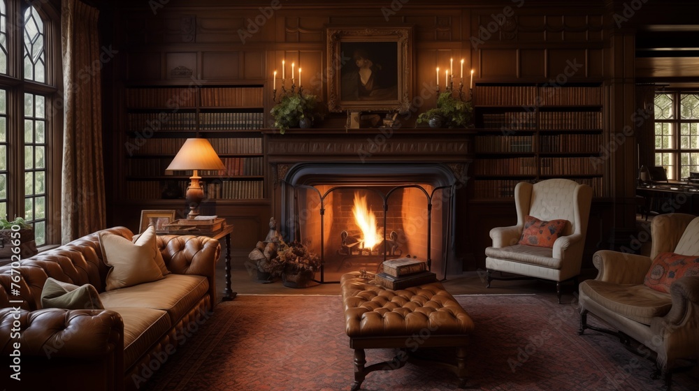 Charming English country manor library with oak paneling beamed ...
