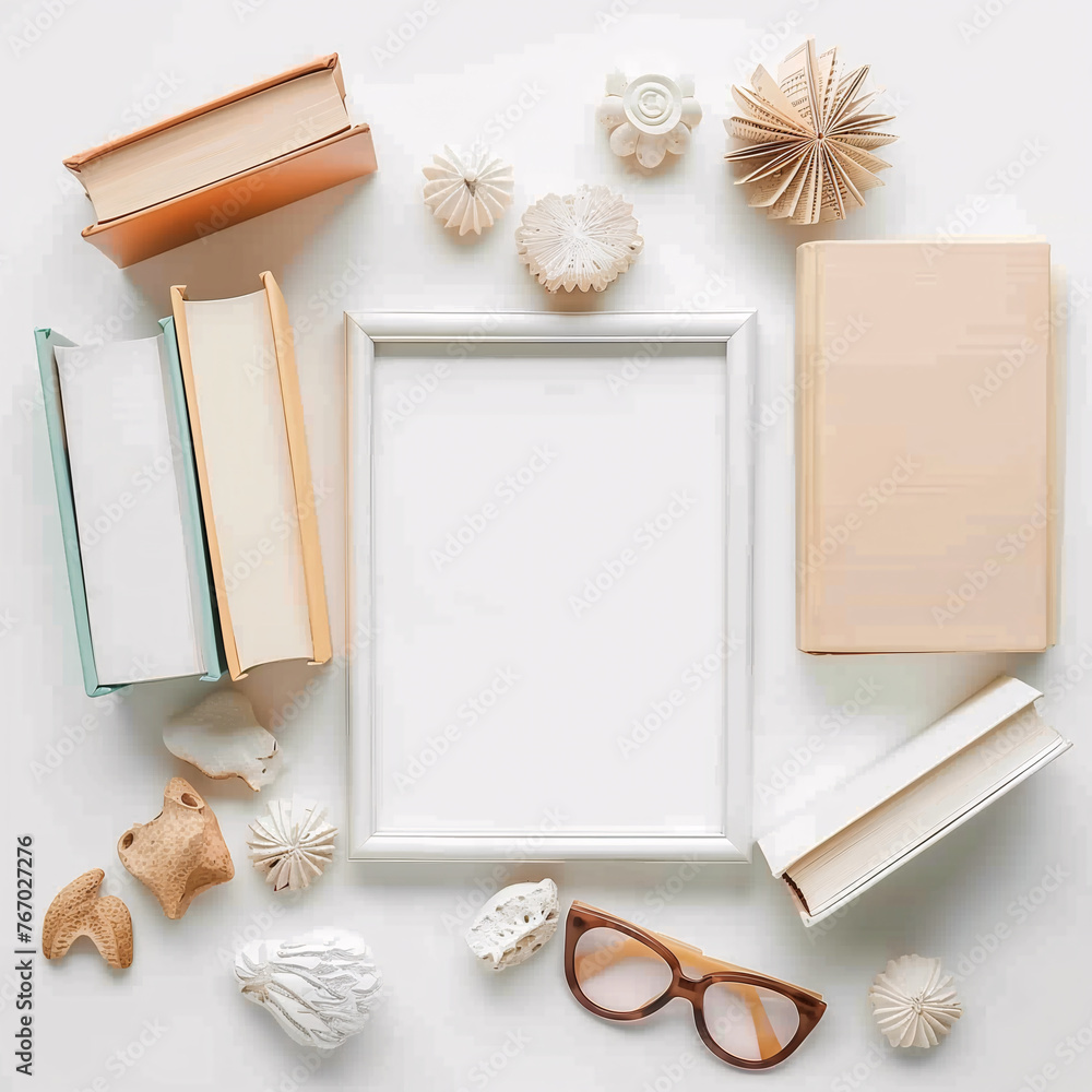 Frame design for book festival. Various books with glasses, cute sea ...