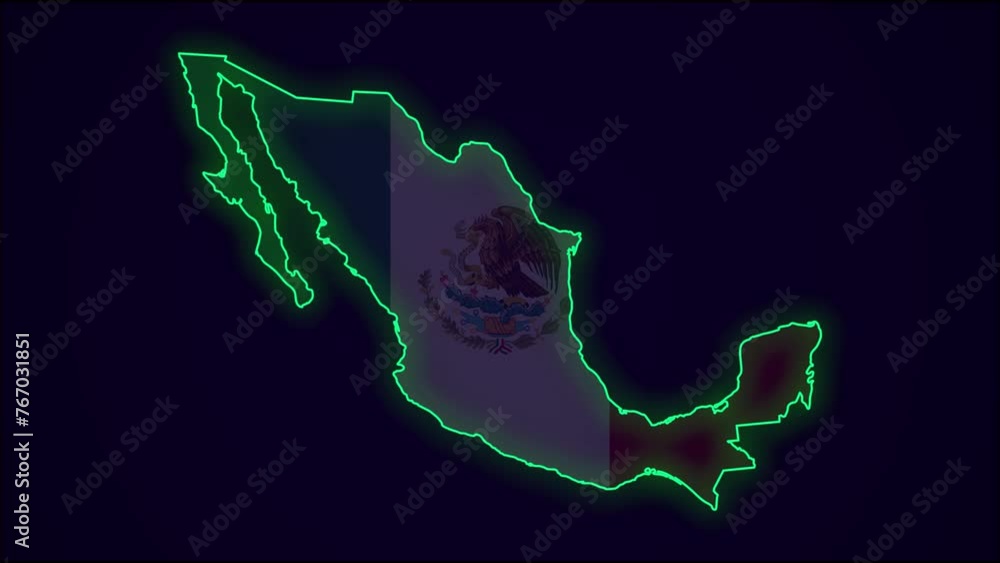 Mexico Map Outline Country Border on dark green. Neon Lights colorful ...