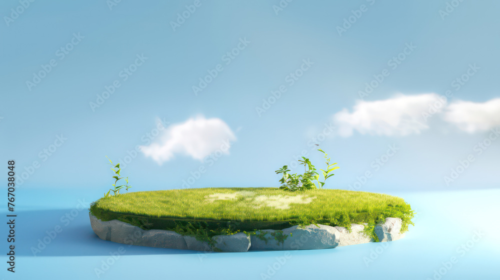 3D round grassy platform island with summer green lawn on the ...